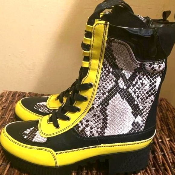 BAMBOO | Shoes | Bamboo Black Yellow Faux Snakeskin Combat Platform ...